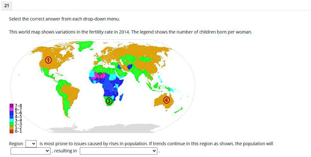 21 Select the correct answer from each drop-down menu. This world map ...