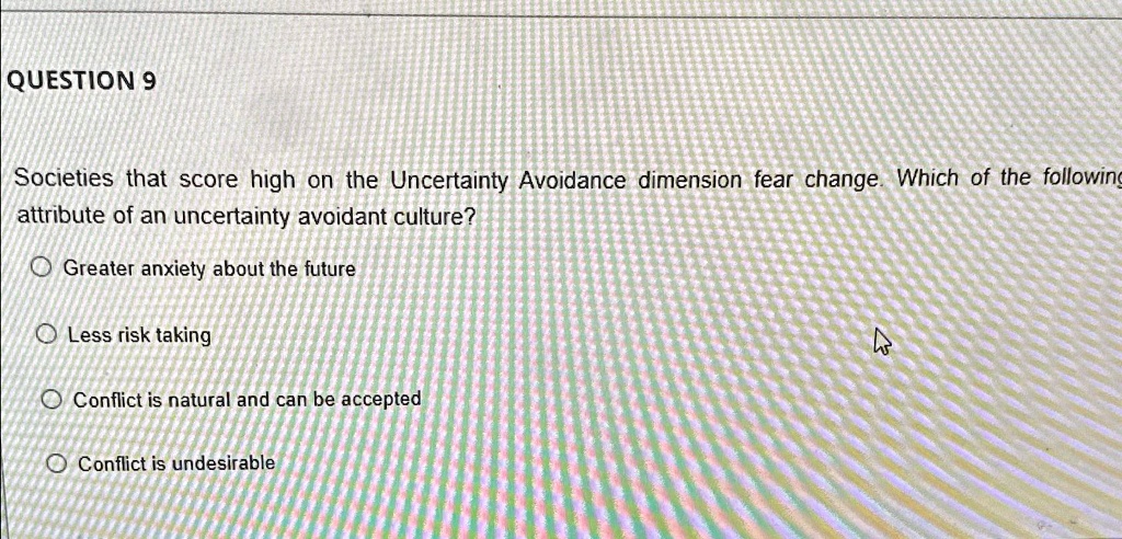 QUESTION 9 Societies that score high on the Uncertainty Avoidance ...