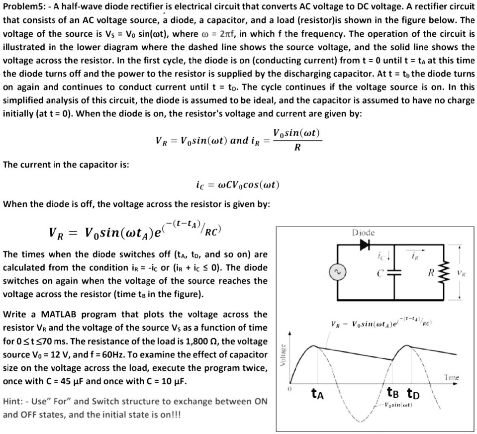 SOLVED: Problem 5: A half-wave diode rectifier is an electrical circuit that converts AC voltage ...