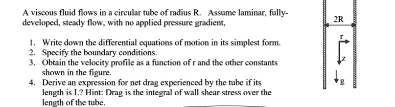 SOLVED: A viscous fluid flows in a circular tube of radius R. Assume laminar, fully- developed ...