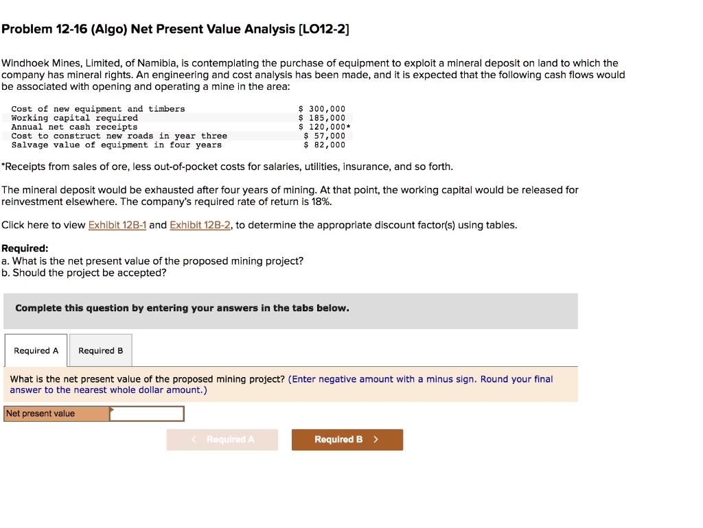 Problem 12-16 (Algo) Net Present Value Analysis [LO12-2] Windhoek Mines, Limited, of Namibia, is ...