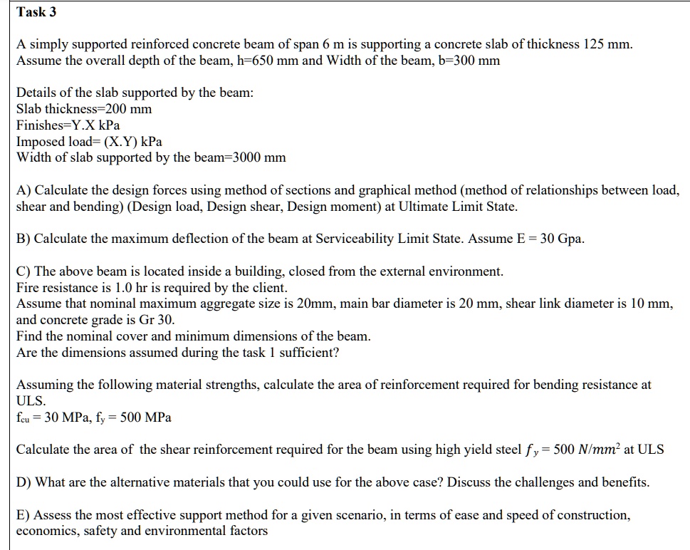 A simply supported reinforced concrete beam of span 6 m is supporting a concrete slab of ...