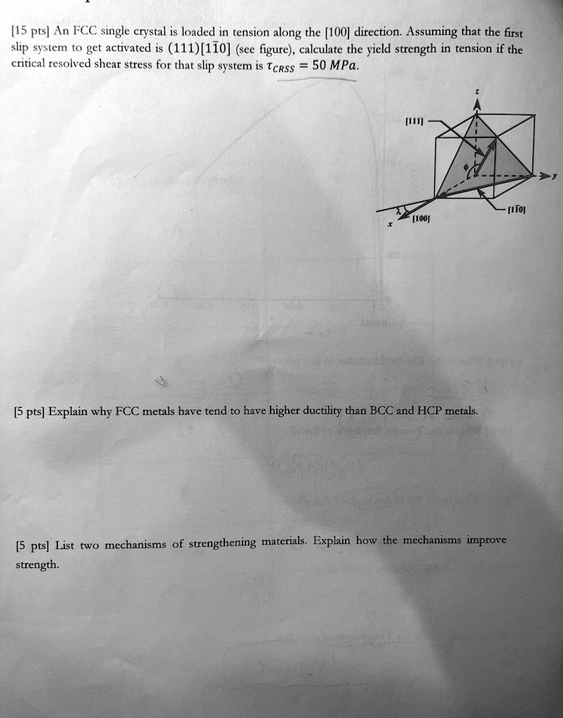 [15 pts] An FCC single crystal is loaded in tension along the [100 ...