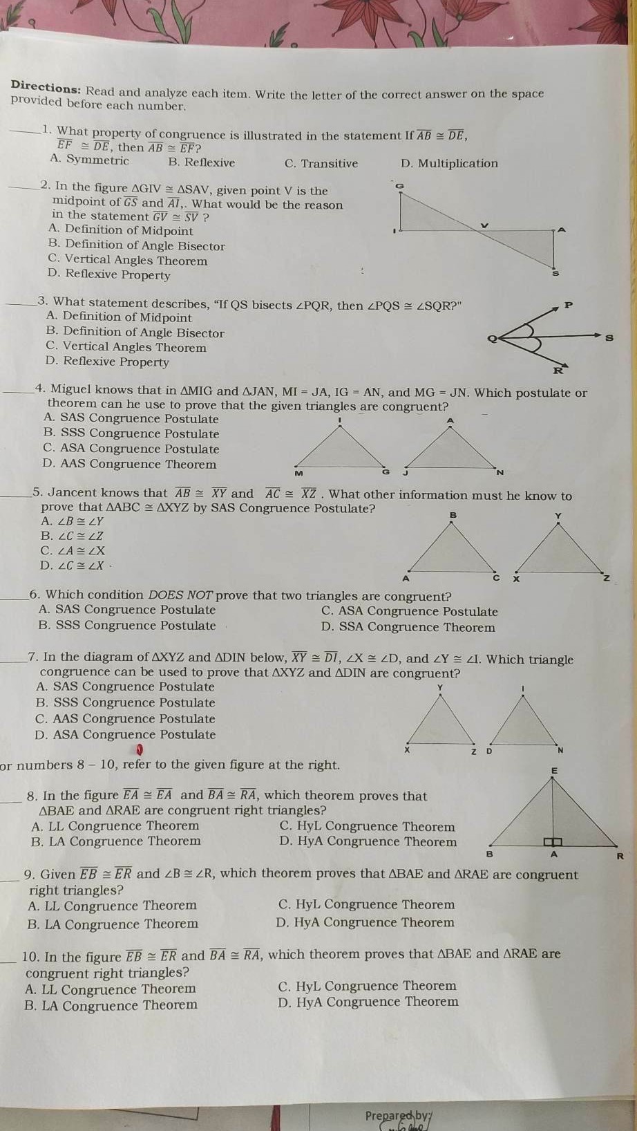 Directions Read And Analyze Each Item Write The Letter Of The Correct Answer On The Space