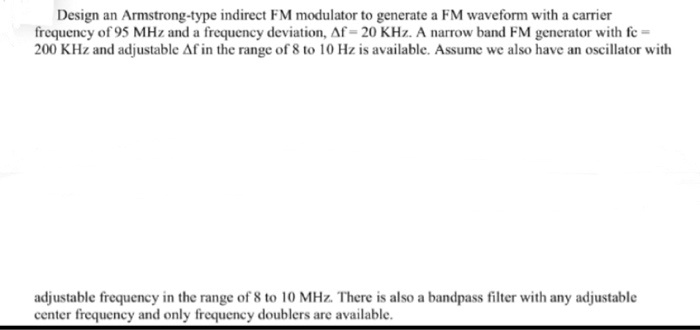 SOLVED: Design an Armstrong-type indirect FM modulator to generate an ...