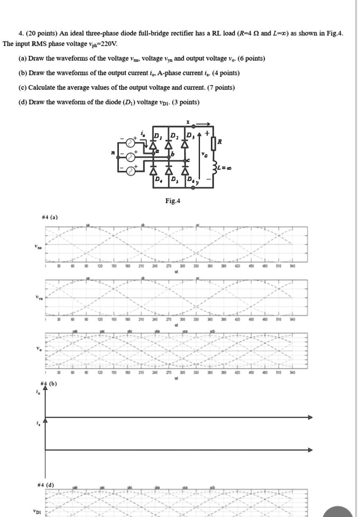 4. (20 points) An ideal three-phase diode full-bridge rectifier has a RL load (R=4 and L=) as ...