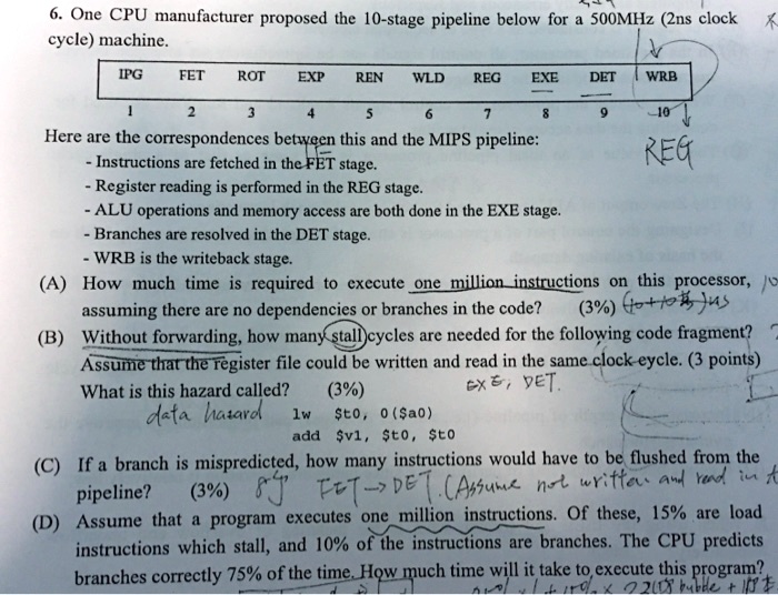 SOLVED: One CPU manufacturer proposed the 10-stage pipeline below for a 500MHz (2ns clock cycle ...