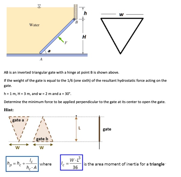 SOLVED: Water AB is an inverted triangular gate with a hinge at point B, as shown above. If the ...