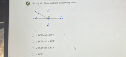 SOLVED: Identify all obtuse angles in the drawing below: ∠ B C E and ∠ E C F ∠ E C D and ∠ A C E ...