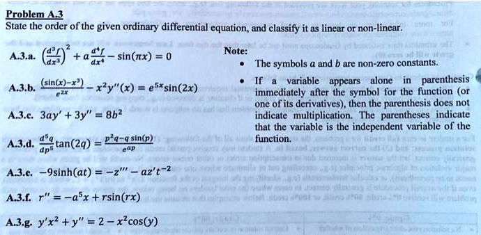 SOLVED: Problem A3: State the order of the given ordinary differential ...