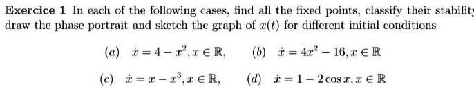 Exercice 1 In each of the following cases, find all the fixed points, classify their stability ...