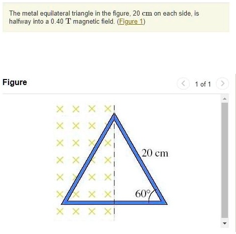 The metal equilateral triangle in the figure, 20 cm on each...