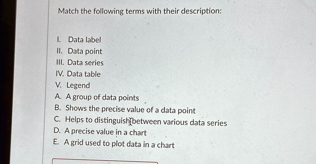 Match the following terms with their description: I. Data label II ...