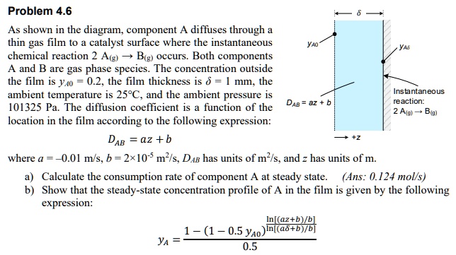 Problem 4.6 As shown in the diagram, component A diffuses through a thin gas film to a catalyst ...