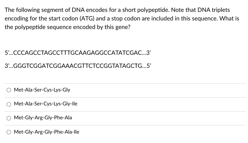 SOLVED: The following segment of DNA encodes for a short polypeptide ... SOLVED: The following segment of DNA encodes for a short polypeptide ...