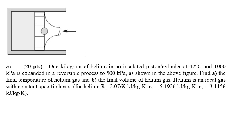 SOLVED: 3) (20 pts) One kilogram of helium in an insulated piston/cylinder at 47C and 1000 kPa ...