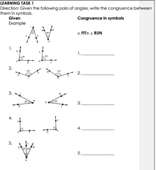 SOLVED: LEARNING TASK Direction: Given the following pairs of angles ... SOLVED: LEARNING TASK Direction: Given the following pairs of angles ...