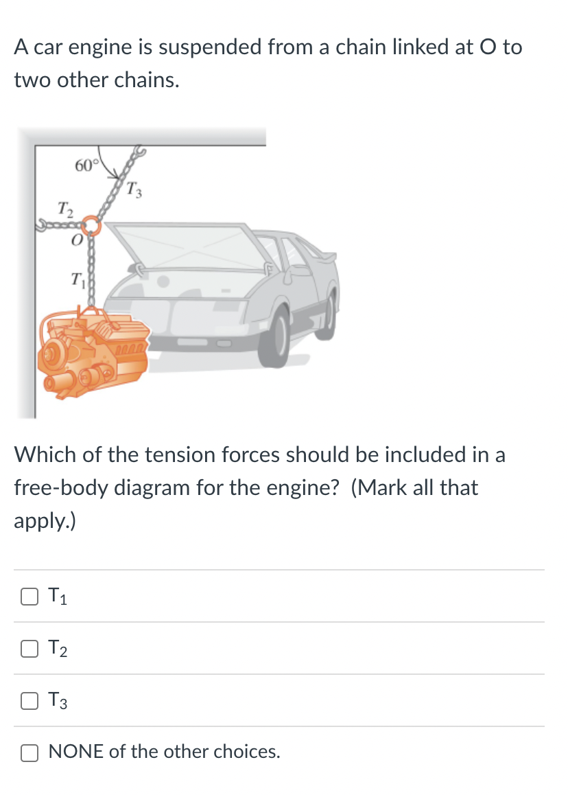 SOLVED: A car engine is suspended from a chain linked at O to two other ...