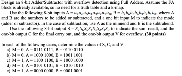 SOLVED: Design an 8-bit Adder/Subtractor with overflow detection using Full Adders. Assume the ...