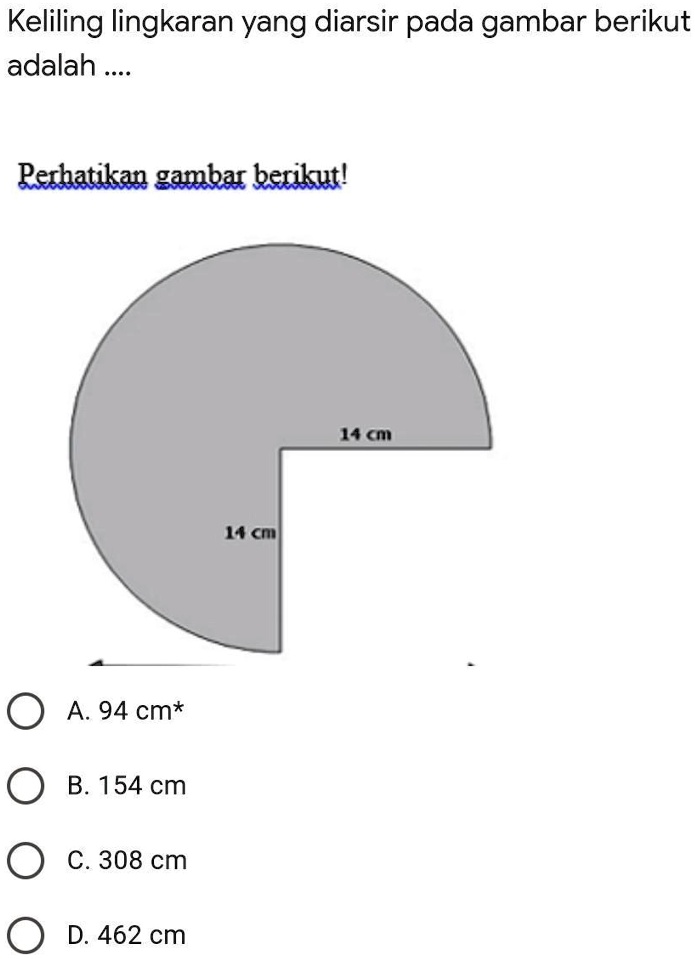SOLVED: Keliling lingkaran yang diarsir pada gambar berikut adalah ... SOLVED: Keliling lingkaran yang diarsir pada gambar berikut adalah ...