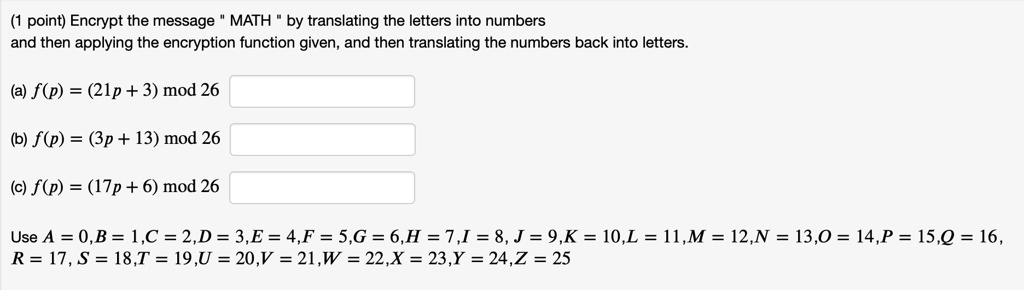 SOLVED: Encrypt the message "MATH" by translating the letters into ...