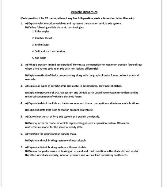 Vehicle Dynamics (Each question if for 20 marks, attempt any five full ...