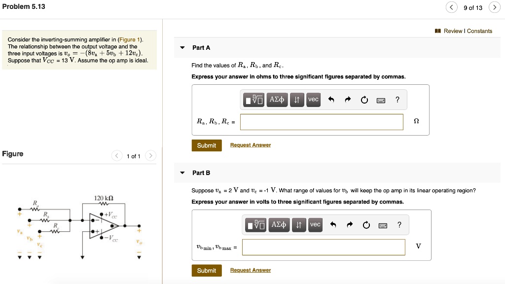 SOLVED: Problem 5.13 9 of 13 I Review I Constants Consider the inverting-summing amplifier in ...