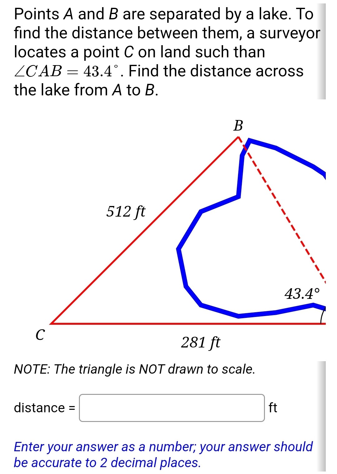 Points A and B are separated by a lake. To find the distance between ...