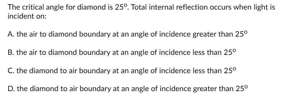 SOLVED:The critical angle for diamond is 250. Total internal reflection ...
