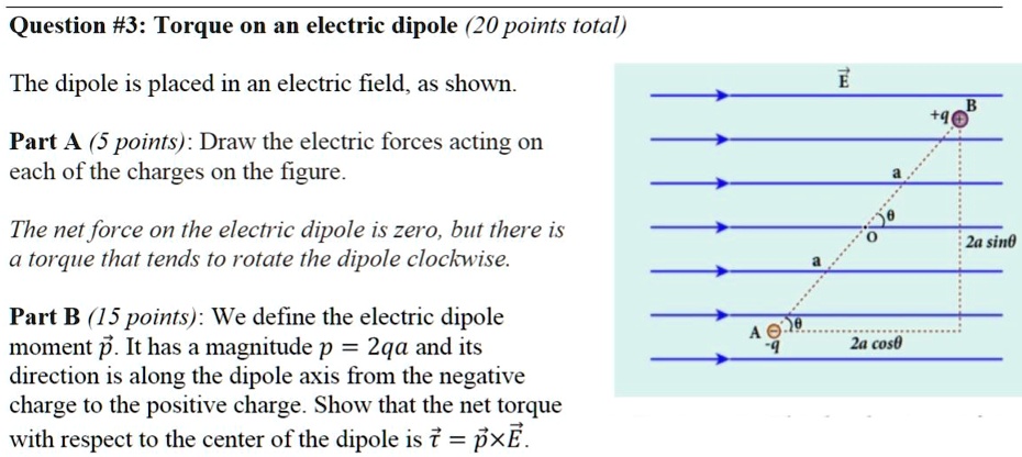 SOLVED: Question #3: Torque on an electric dipole (20 points total) The ...