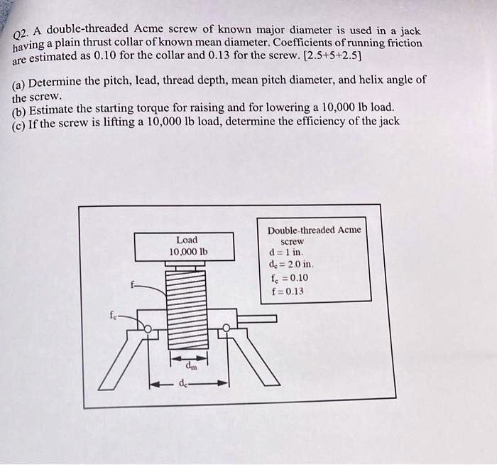 Q2. A double-threaded Acme screw of known major diameter is used in a ...