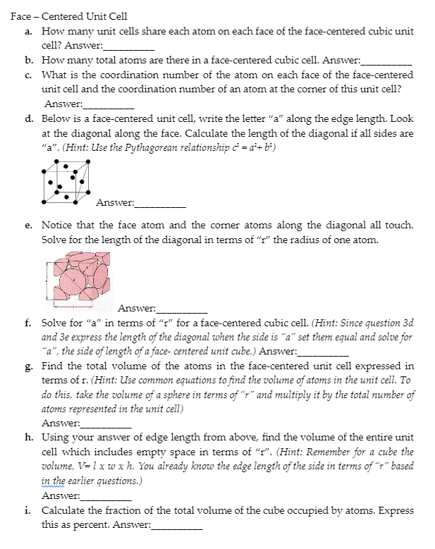 SOLVED: Face - Centered Unit Cell a. How many unit cells share each atom on each face of the ...