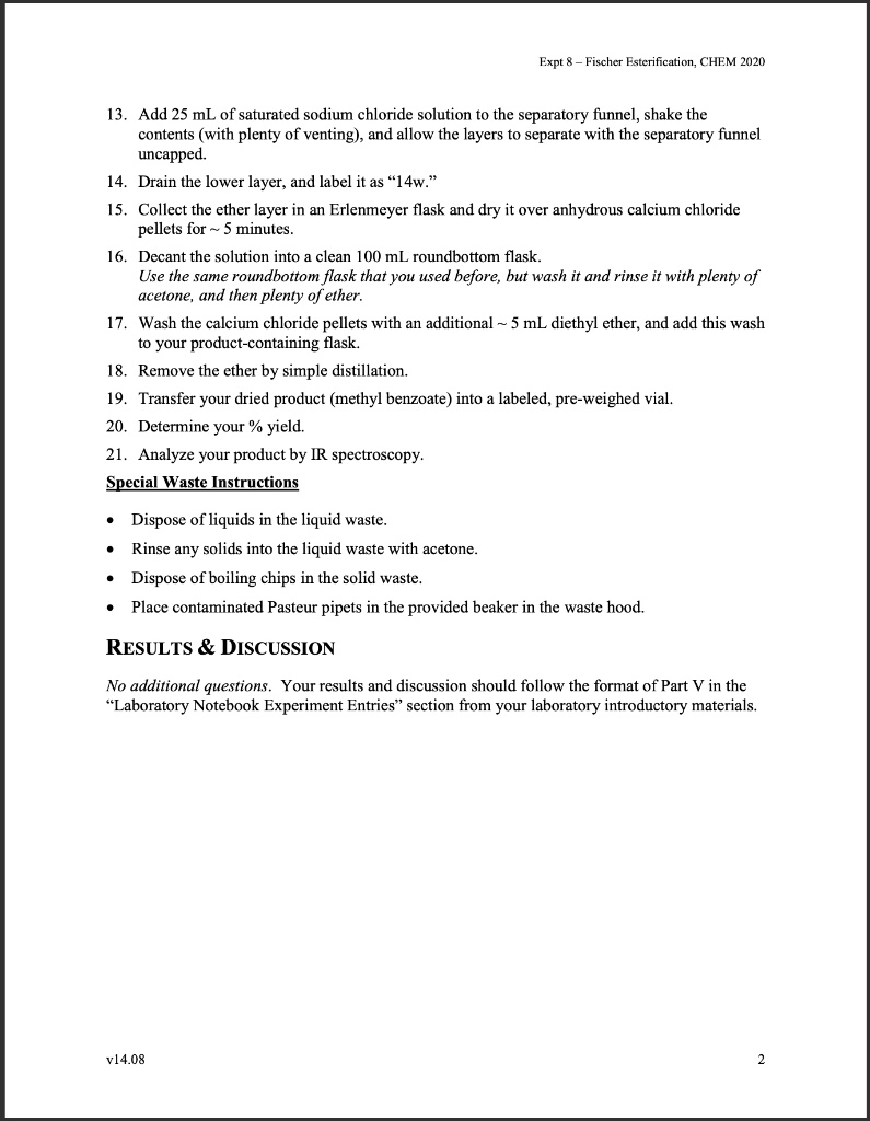 fischer esterification chem 2020 add 25 ml of saturated sodium chloride ...