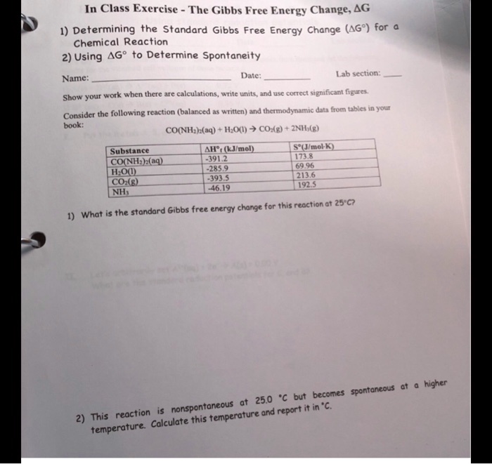 In class exercise the gibbs free energy change ag 1...