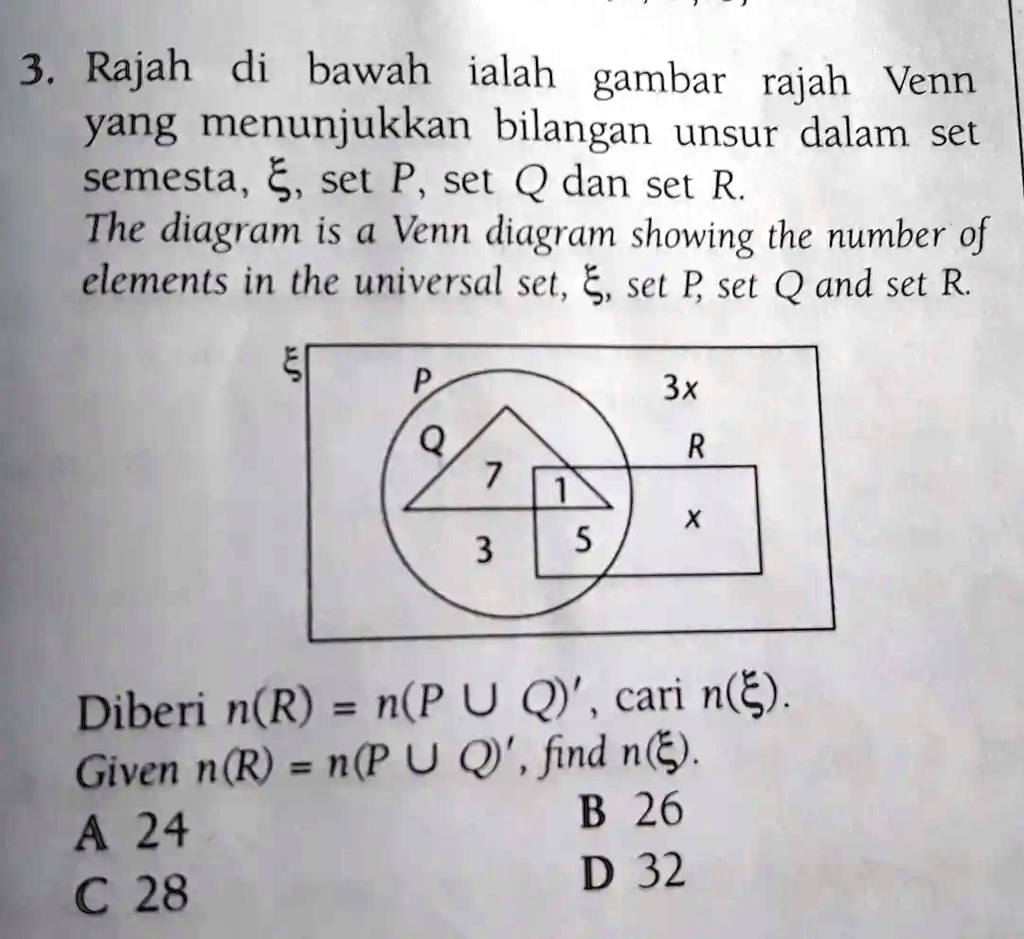 3. Rajah di bawah ialah gambar rajah Venn yang menunjukkan bilangan ...