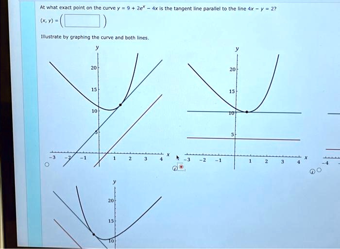 At what exact point on the curve y = 9 + 2e^x - 4x is the tangent line parallel to the line 4x ...