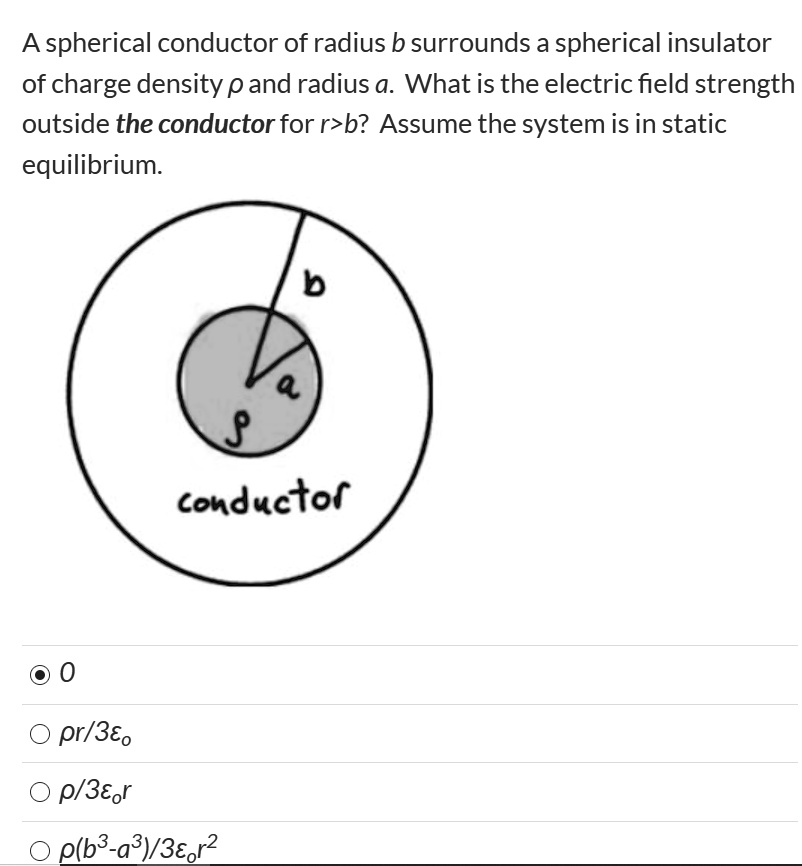 A spherical conductor of radius b surrounds a spherical insulator of ...
