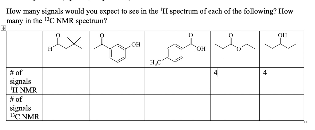 SOLVED: How many signals would you expect to see in the 1H spectrum of each of the following ...