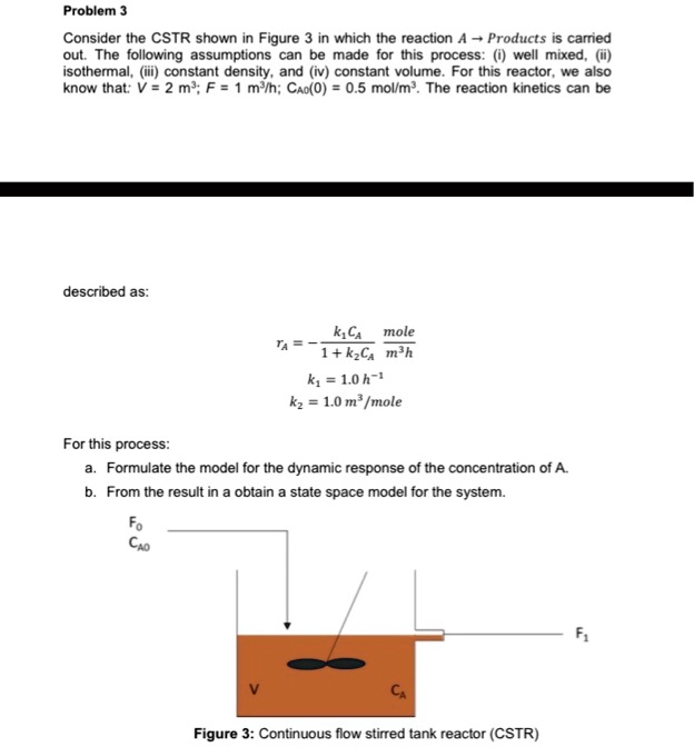 Problem 3 Consider the CSTR shown in Figure 3 in which the reaction A →Products is carried out ...