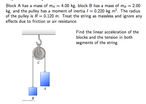 SOLVED: Block A has mass of mA 4.00 kg, block B has mass of mg 2.00 and the pulley has moment of ...