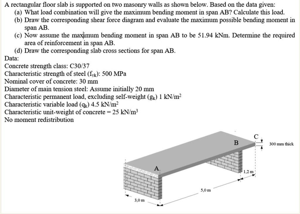 A rectangular floor slab is supported on two masonry walls as shown ...