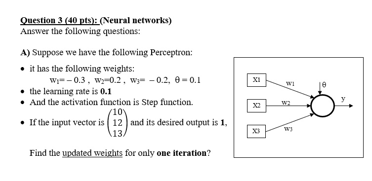 SOLVED: A) Suppose we have the following Perceptron: - it has the following weights: W1=-0.3, W2 ...