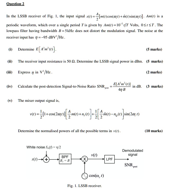 SOLVED: In the LSSB receiver of Fig. 1, the input signal s(t) = [m(t)cos(Ï‰t) + m(t)sin(Ï‰t ...