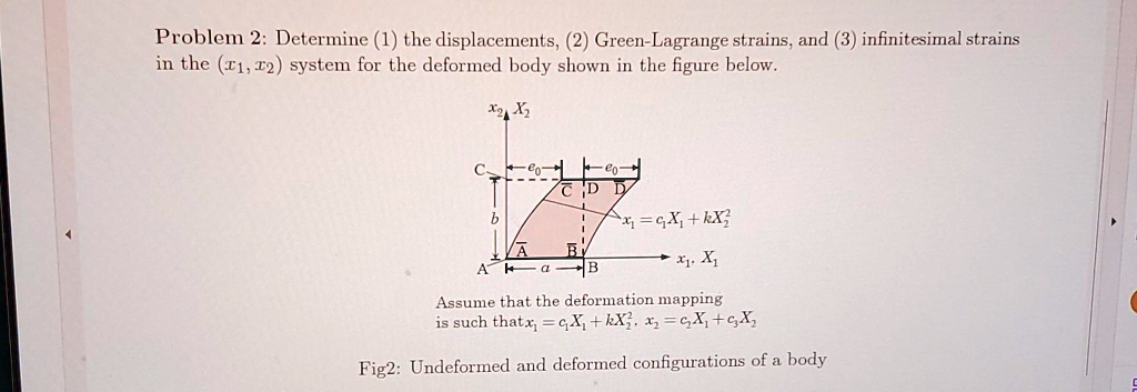 SOLVED: Problem 2: Determine the displacements, Green-Lagrange strains, and in the (T1, T2 ...