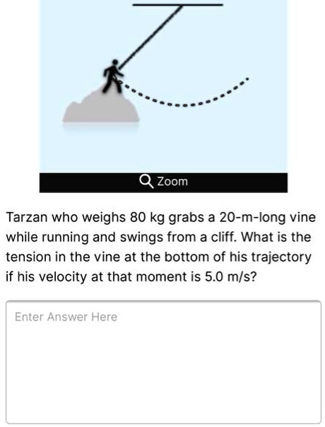 SOLVED: Q Zoom Tarzan who weighs 80 kg grabs a 20-m-long vine while ...