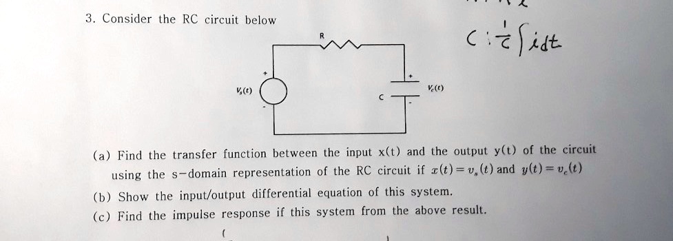 SOLVED: Consider the RC circuit below: c: zidt a) Find the transfer function between the input x ...