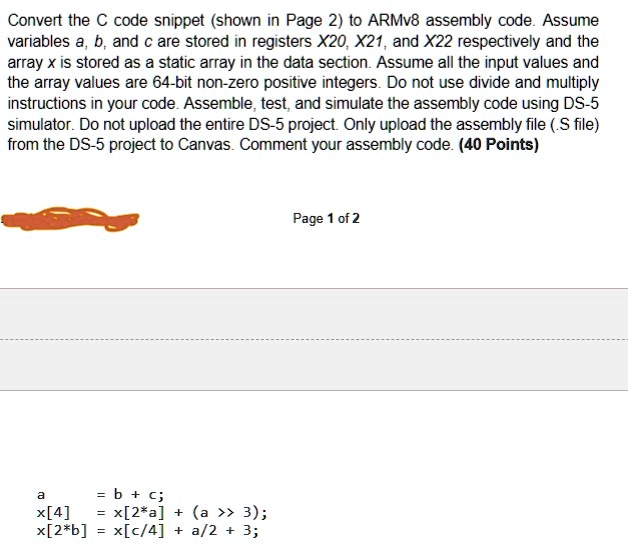 SOLVED: Convert the C code snippet (shown in Page 2 to ARMv8 assembly code.Assume variables a,b ...