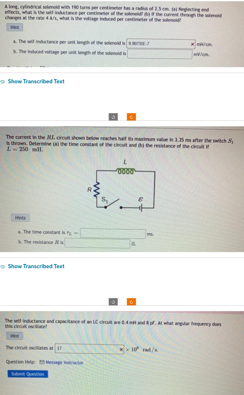 A long, cylindrical solenoid with 190 turns per centimeter has a radius of 2.5 cm . (a ...
