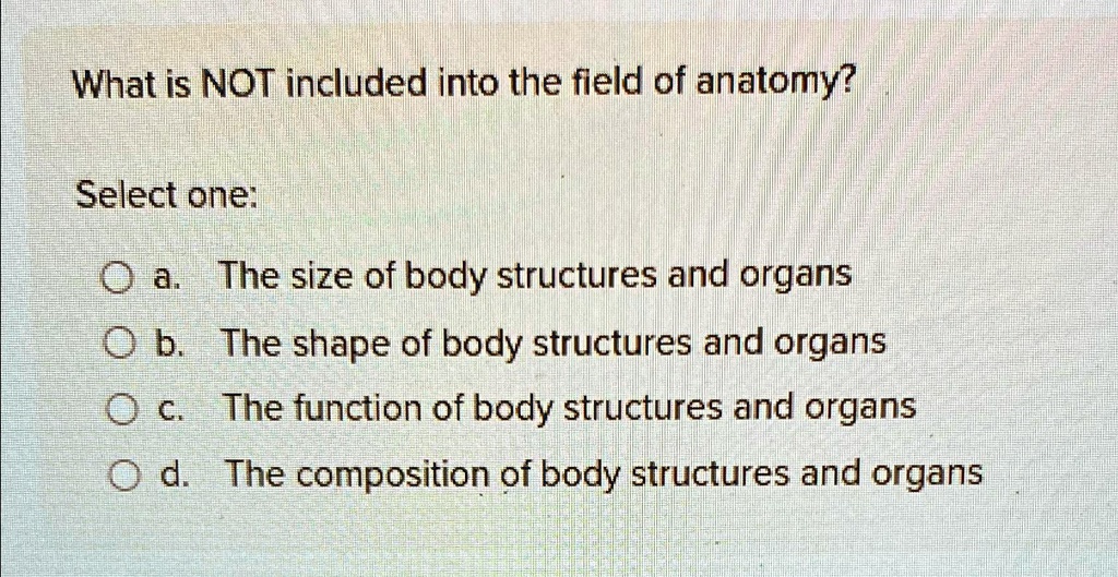 What is NOT included into the field of anatomy? Select one: a. The size ...