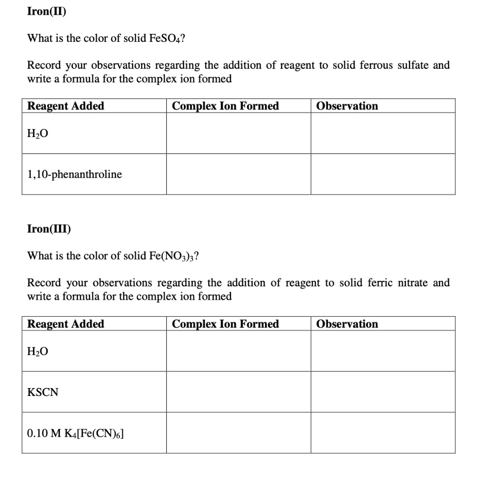 ironi what is the color of solid feso4 record your observations ...